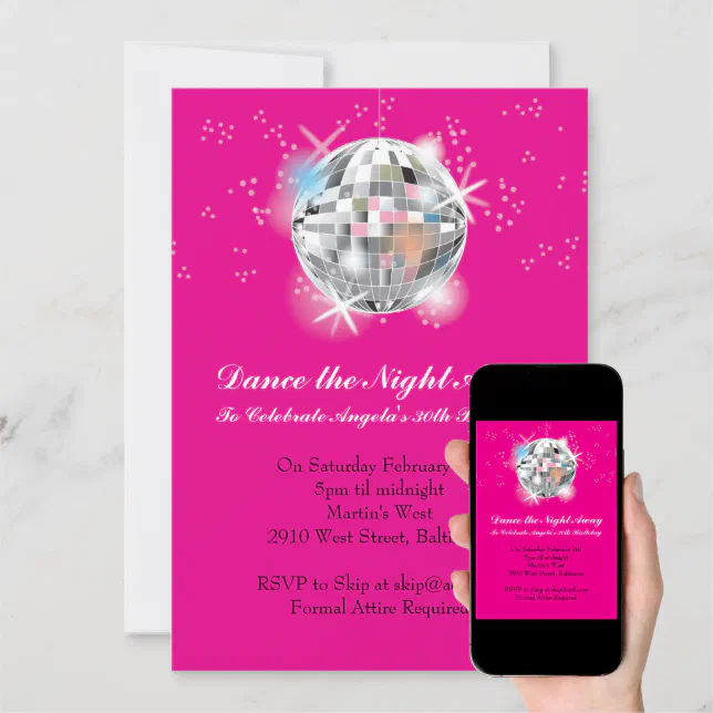 Disco Party Invitation with Hot Pink Background | Zazzle