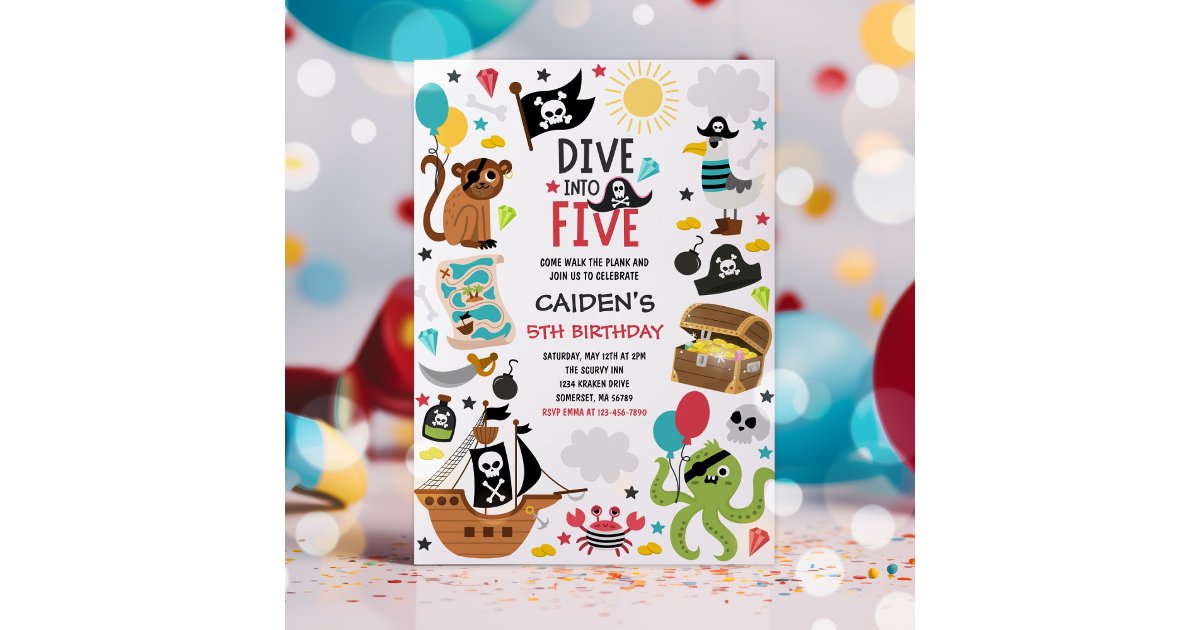 Dive Into Five Pirate Ship 5th Birthday Party Invitation | Zazzle