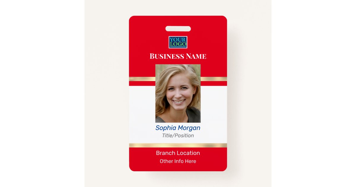 DIY Business Photo Name Logo Info, Red White Gold ID Badge | Zazzle