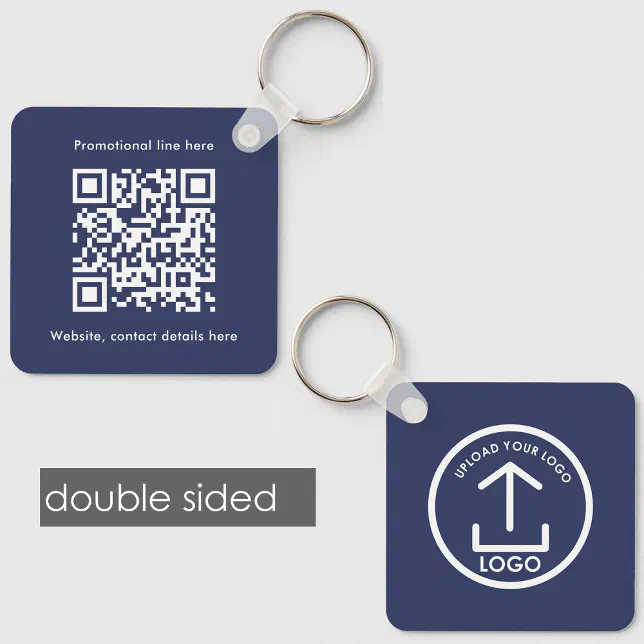Double Sided Business Logo Text QR Code Blue Key Ring | Zazzle