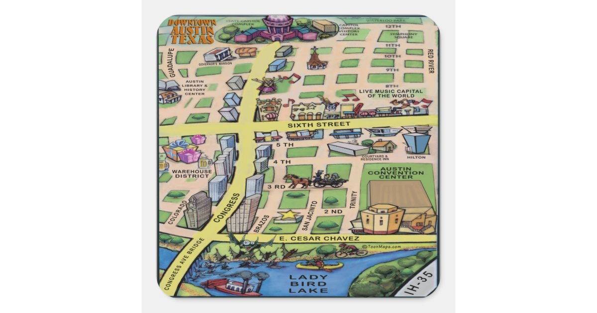 Downtown Austin Texas Cartoon Map Square Sticker | Zazzle