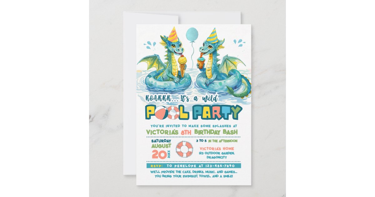 Dragon Ice Cream Pool Party Birthday Invitation | Zazzle