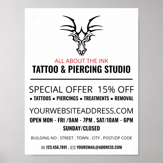 Dragon Tattoo, Tattoo & Body Piercing Studio Poster | Zazzle