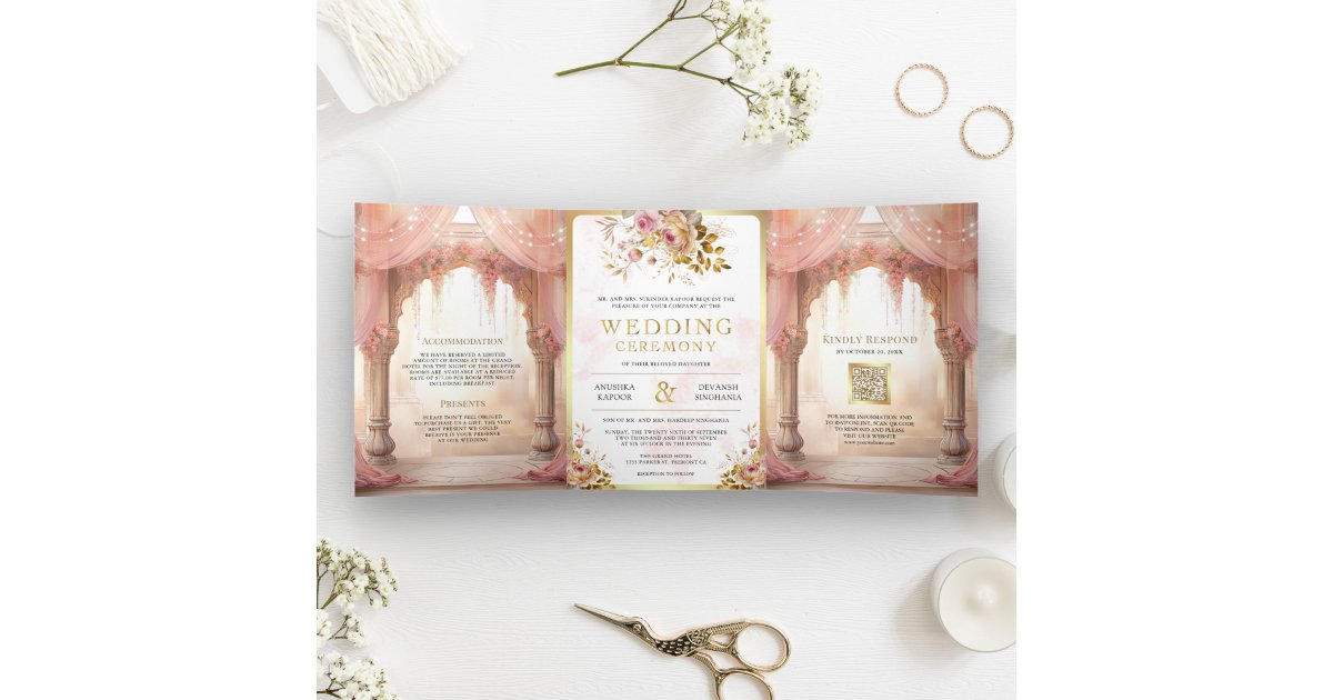 Dreamy Pink Floral Indian Mandap Hindu Wedding Tri-Fold Invitation | Zazzle