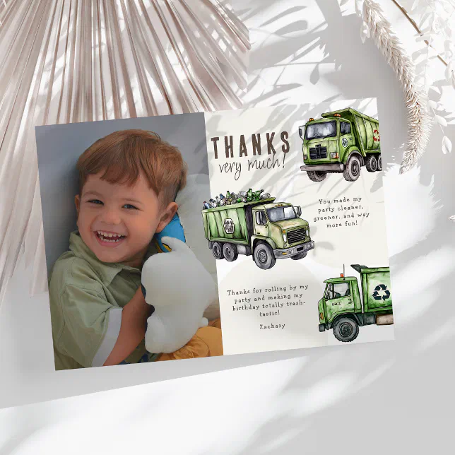 Dump Everything! Garbage Truck Kids Photo Birthday Thank You Card | Zazzle