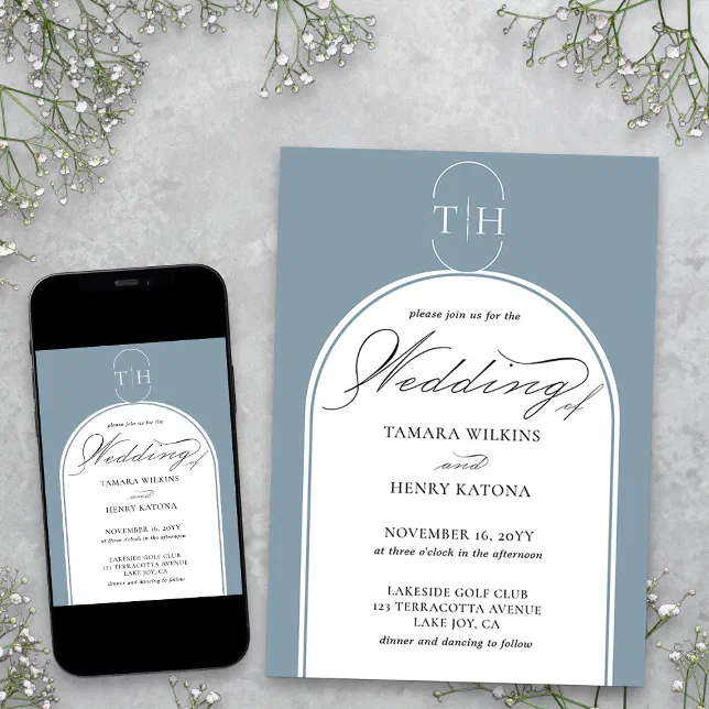 Dusty Blue Elegant Calligraphy Monogrammed Wedding Invitation | Zazzle
