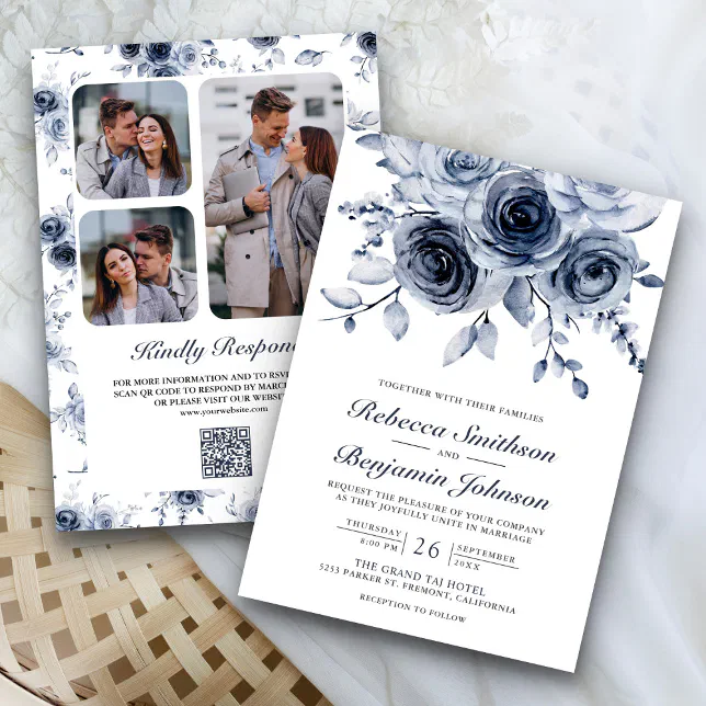 Dusty Blue Floral Photo Collage QR Code Wedding Invitation | Zazzle