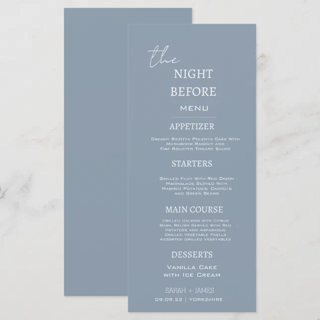 Dusty Blue Minimal Dinner The Night Before Menu | Zazzle