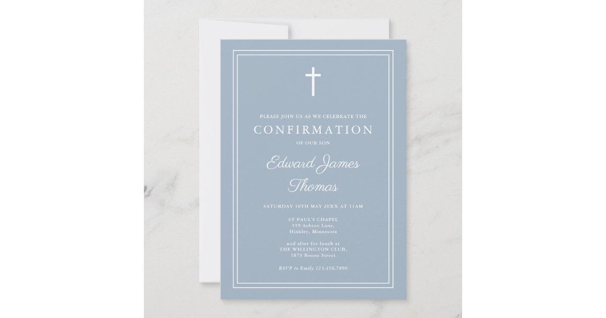 Dusty Blue Modern Border Confirmation Invitation | Zazzle