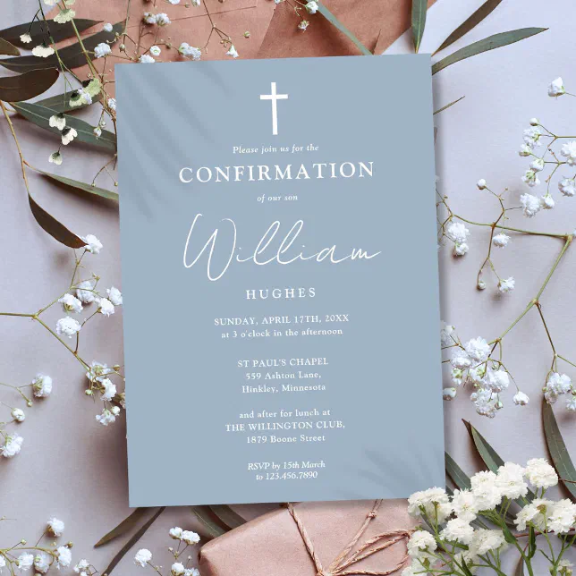 Dusty Blue Modern Minimalist Confirmation Invitation | Zazzle