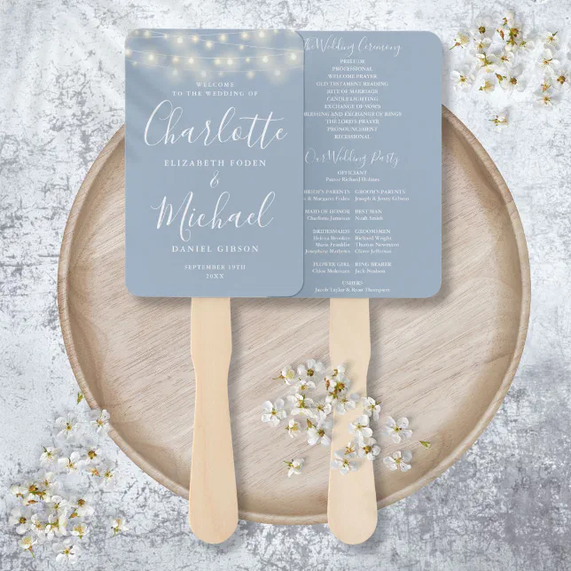 Dusty Blue String Lights Script Wedding Program Hand Fan | Zazzle
