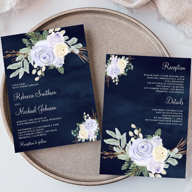 Dusty Pastel Purple Floral All in One Navy Wedding Invitation | Zazzle