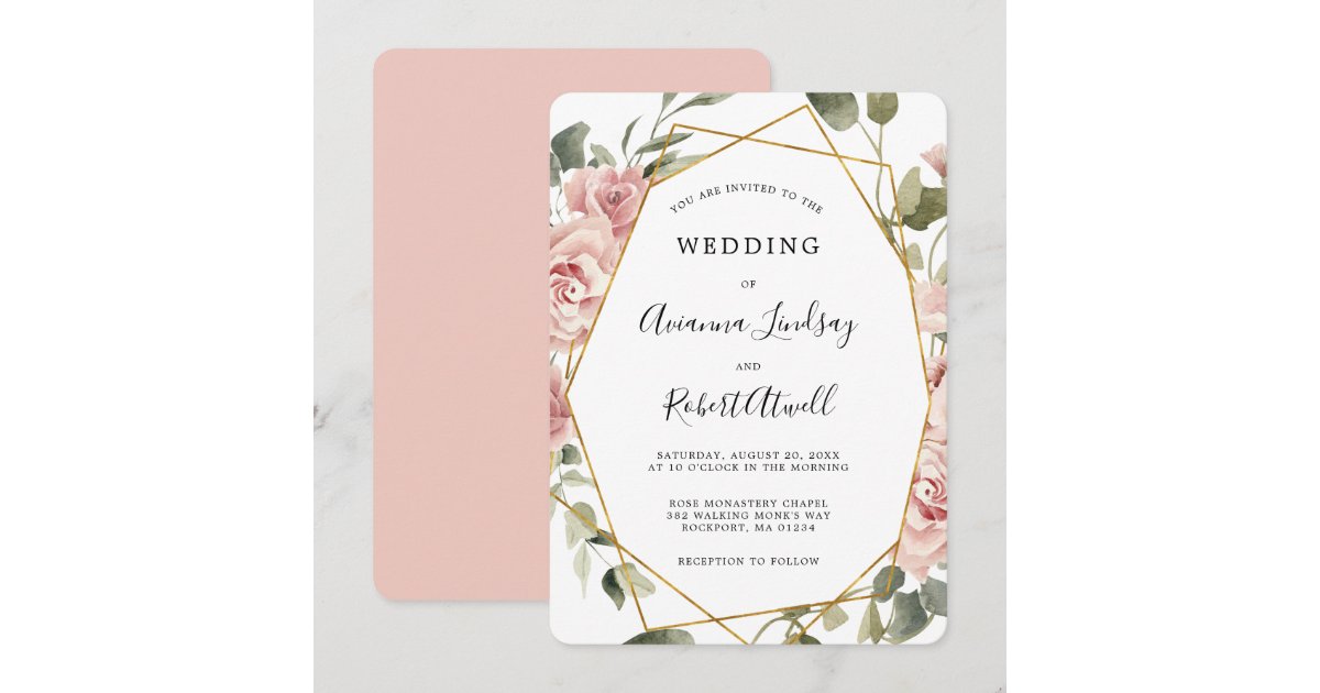 Dusty Pink Rose Floral Gold Geometric Wedding Invi Invitation | Zazzle