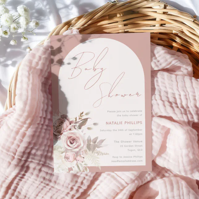 Dusty Rose Boho Arch Blush Floral Baby Shower Invitation | Zazzle