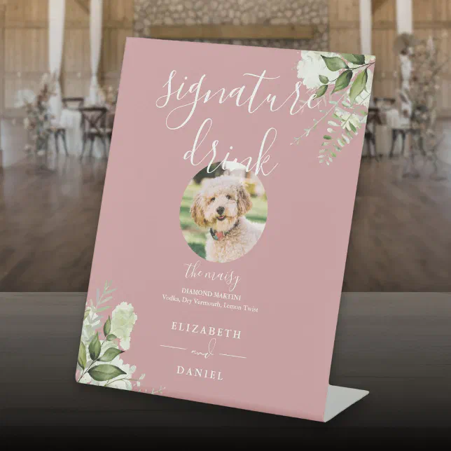 Dusty Rose Greenery Wedding Pet Signature Drink Pedestal Sign | Zazzle