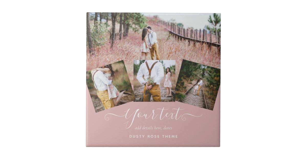 Dusty Rose PHOTO COLLAGE Custom WEDDING GIFT Ceramic Tile | Zazzle
