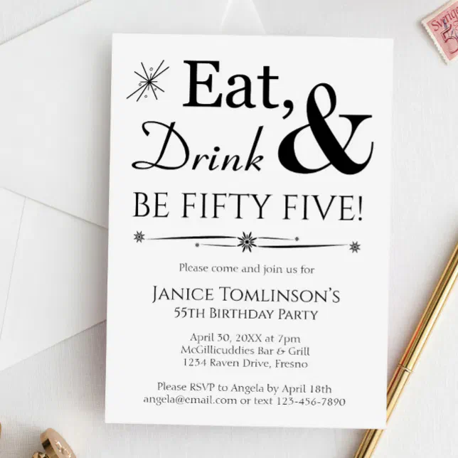 Eat Drink & Be Fifty Five Retro 55th Birthday Invitation | Zazzle