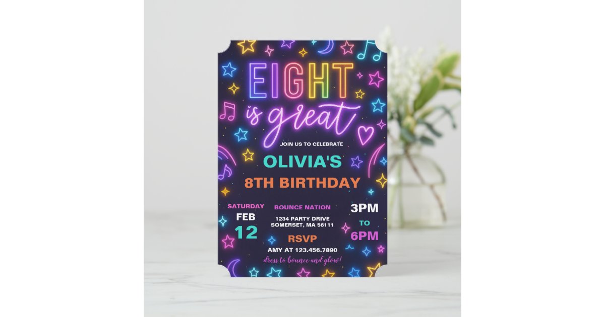 Eight Is Great Neon Glow 8th Birthday Party Invitation | Zazzle
