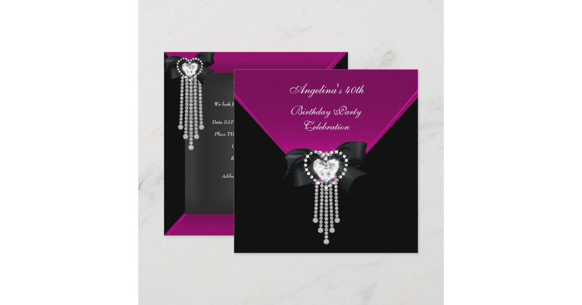 Elegant 40th Birthday Party Black Pink Diamond Invitation | Zazzle