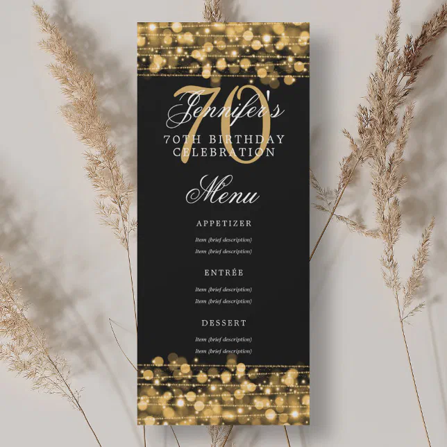 Elegant 70th Birthday Party Menu Gold Lights Invitation | Zazzle
