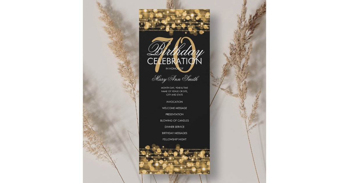 Elegant 70th Birthday Party Program Gold w/ Menu | Zazzle