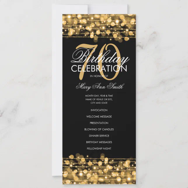 Elegant 70th Birthday Party Program Gold w/ Menu | Zazzle