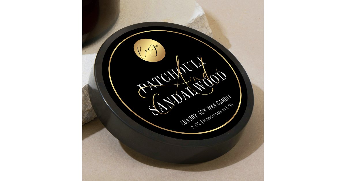Elegant Black & Gold Logo Product Packaging Candle Classic Round ...