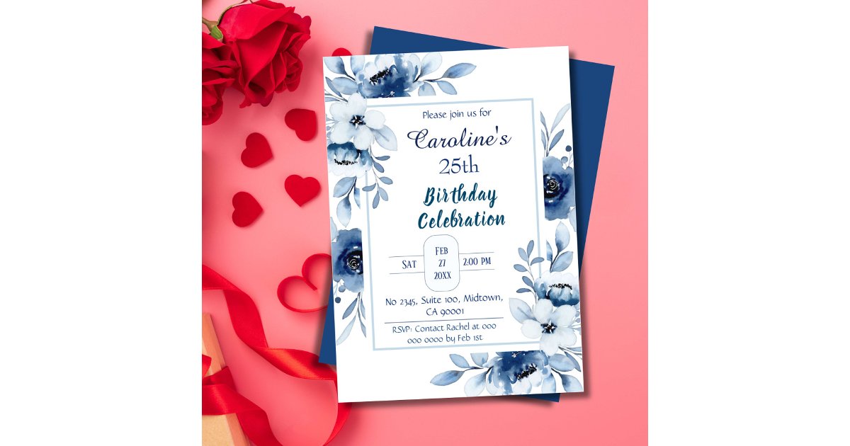 Elegant blue 25th birthday floral shades of blue invitation | Zazzle