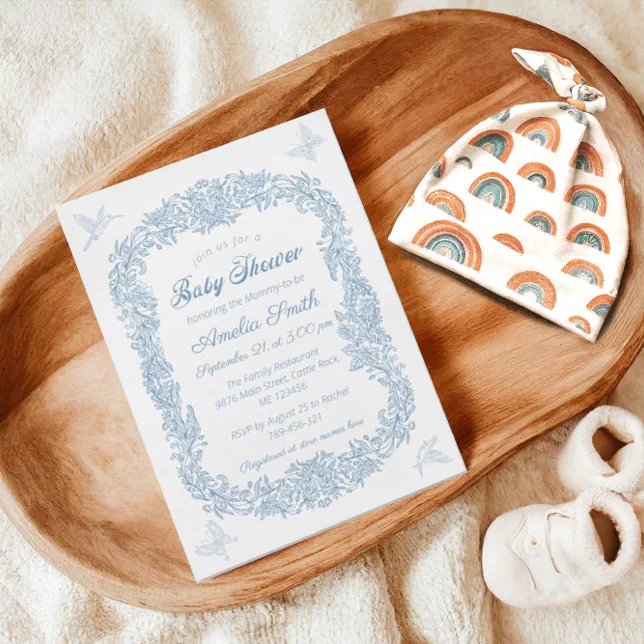 Elegant Blue Vintage Floral Baby Shower Invitation | Zazzle