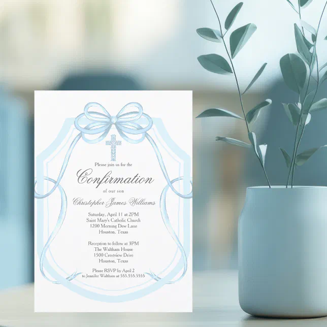 Elegant Confirmation Blue Bow Ribbon Cross Invitation | Zazzle
