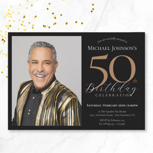 Elegant Custom Photo Black Gold 50th Birthday Invitation | Zazzle