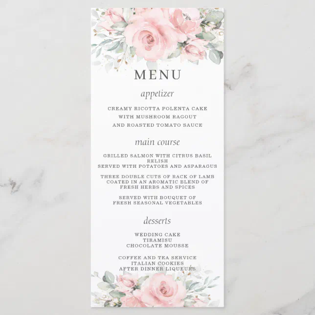 Elegant Delicate Blush Pink Floral Wedding Menu | Zazzle