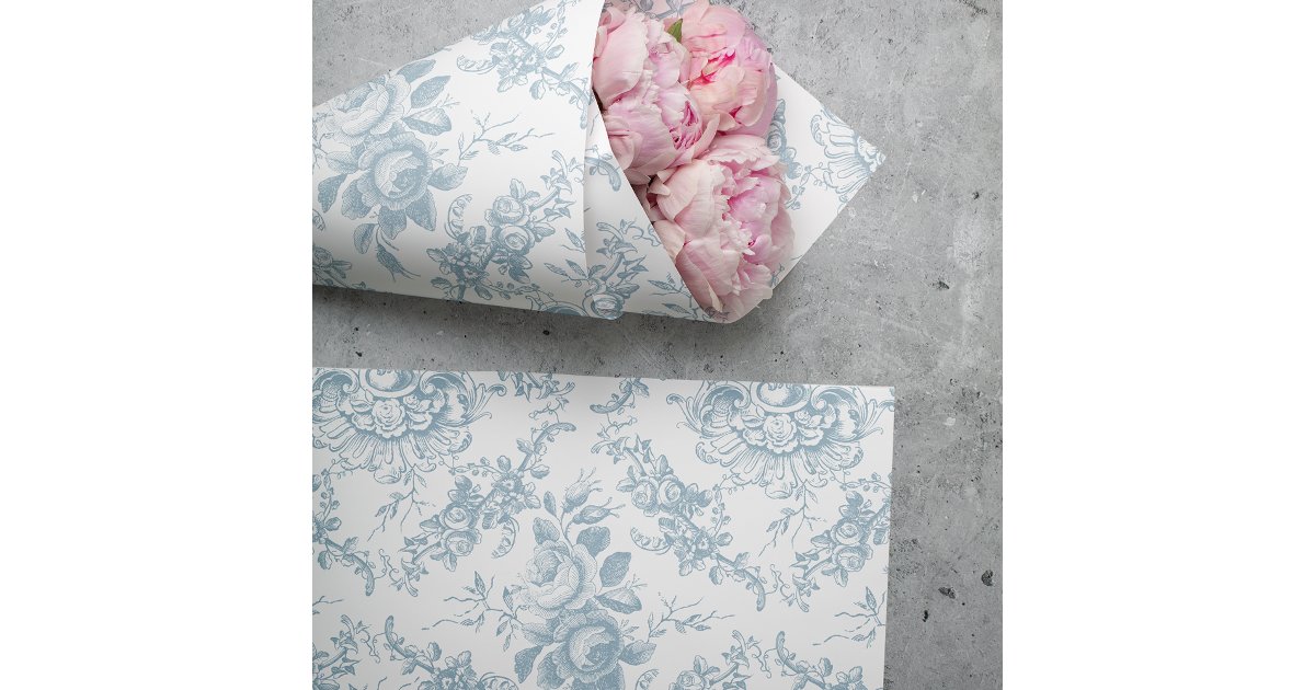 Elegant Engraved Blue and White Floral Toile Tissue Paper | Zazzle