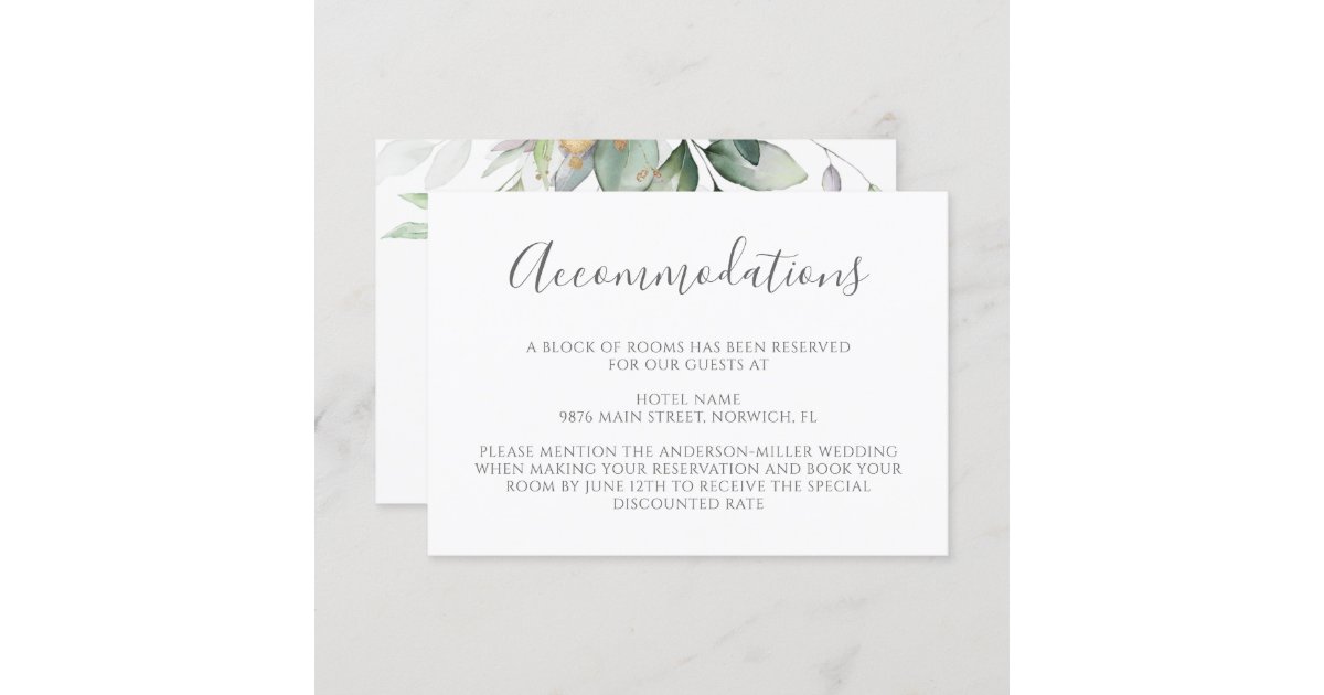 Elegant Eucalyptus Greenery Gold Accommodations Enclosure Card | Zazzle