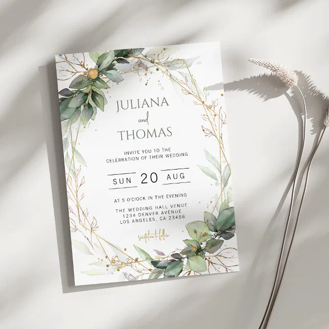 Elegant Eucalyptus Greenery Gold Frame Wedding Invitation | Zazzle
