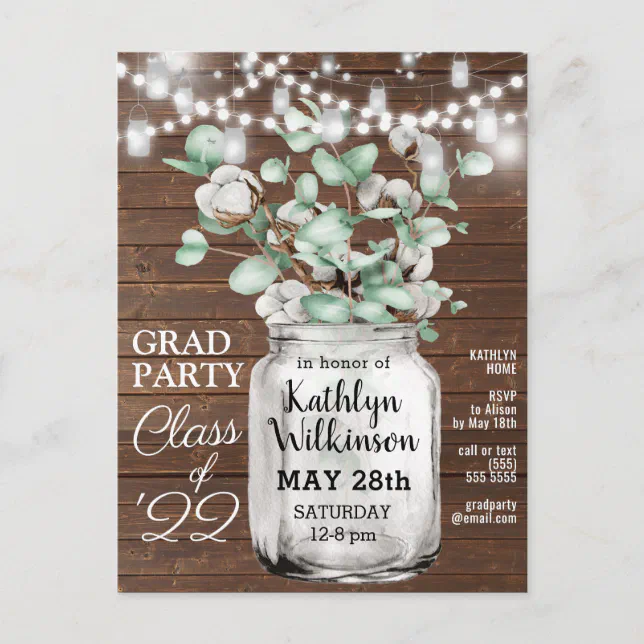 Elegant Eucalyptus Mason Jar GRAD Photo Invitation Postcard | Zazzle