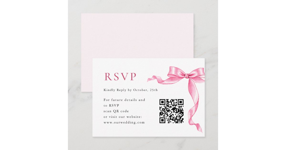 Elegant Gentle Pink Hand Drawn Bow Wedding QR Code RSVP Card | Zazzle