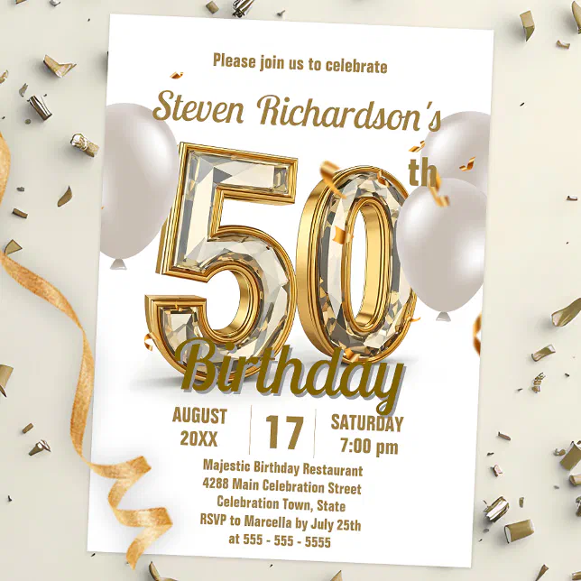Elegant Gold and Diamond 50th Birthday Celebration Invitation | Zazzle