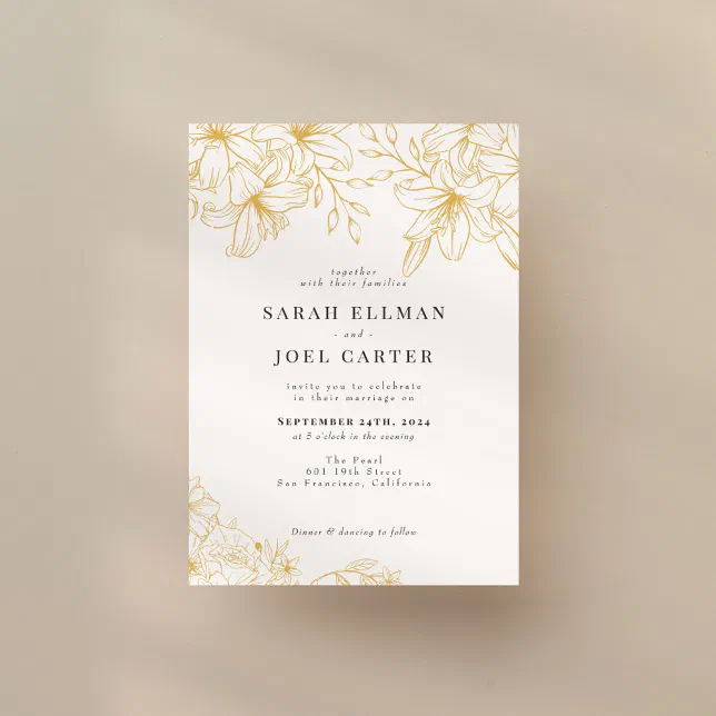 Elegant Gold Floral Line Art Wedding Invitation | Zazzle
