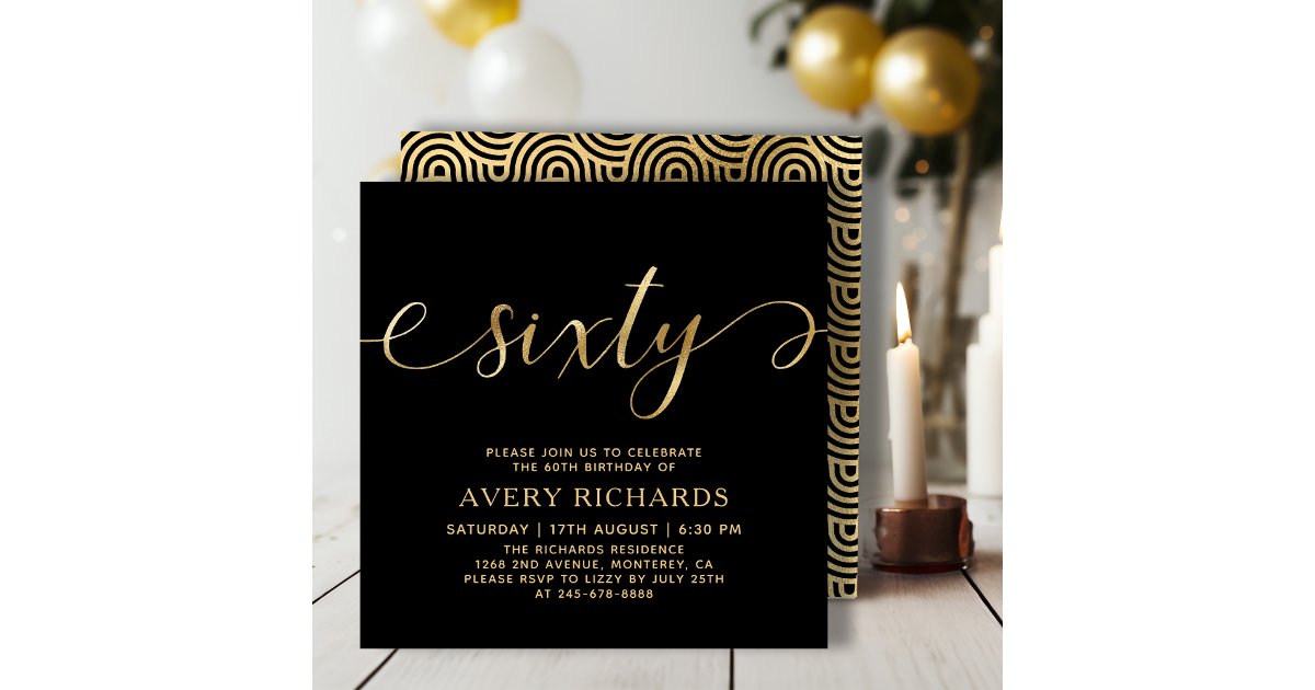 Elegant Gold Sixty Script Black 60th Birthday Invitation | Zazzle