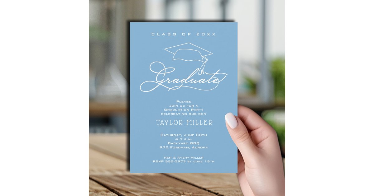 Elegant Grad Cap Powder Blue Graduation Invitation | Zazzle