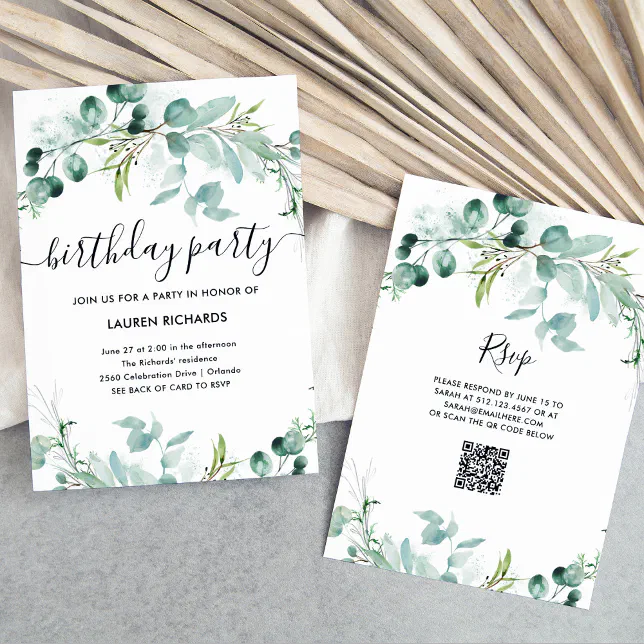 Elegant Greenery | QR Code Birthday Party Invitation | Zazzle
