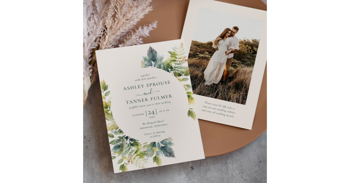 Elegant Leaves Greenery QR Code Photo Wedding Invitation | Zazzle
