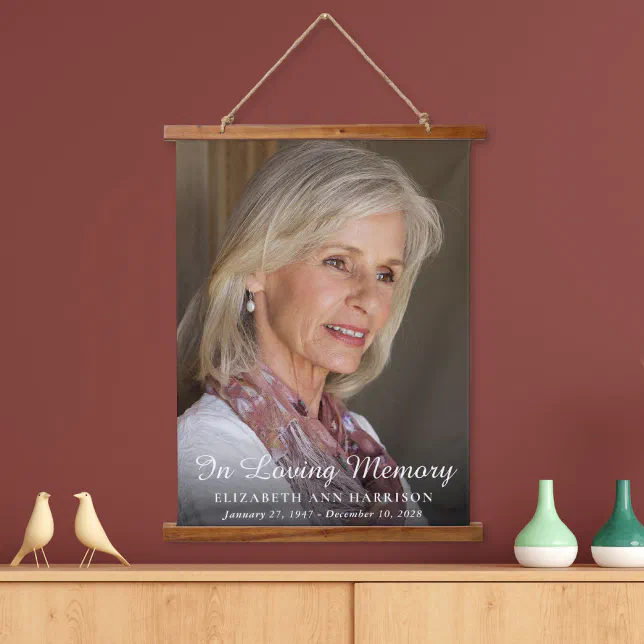 Elegant Memorial Photo White Script Overlay Hanging Tapestry | Zazzle