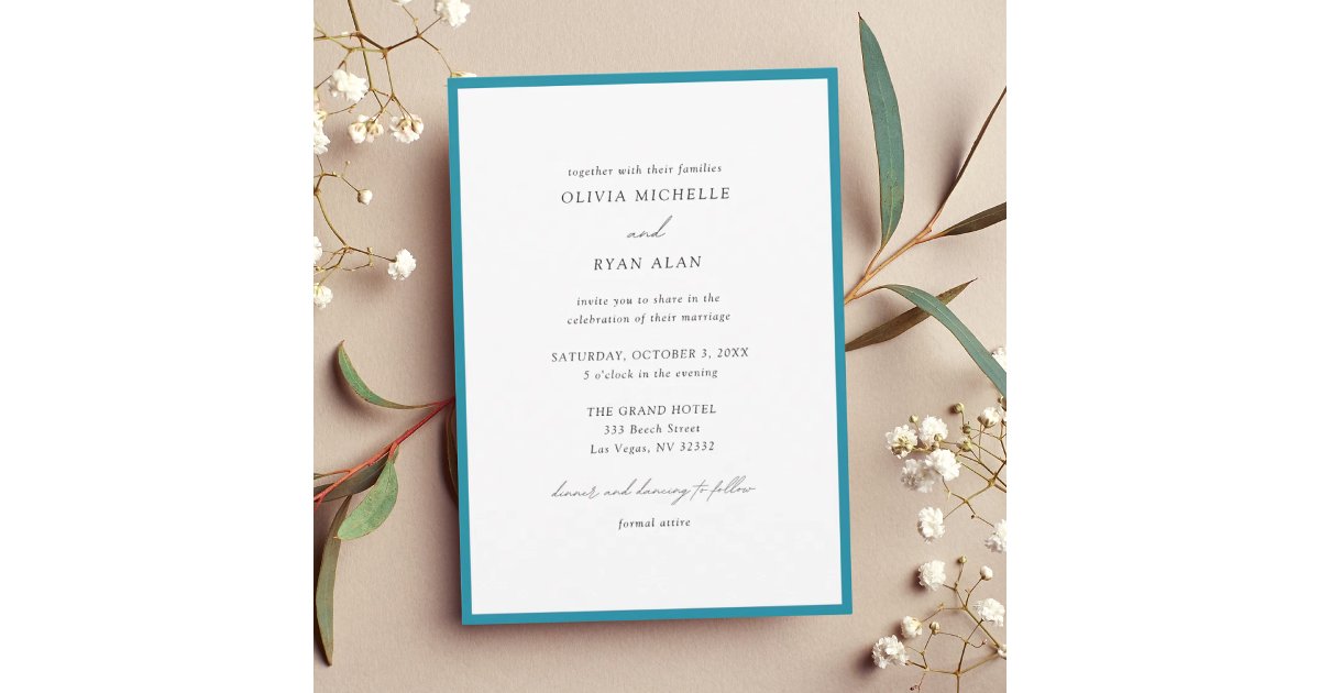 Elegant Minimalist Blue Border Wedding Invitation | Zazzle