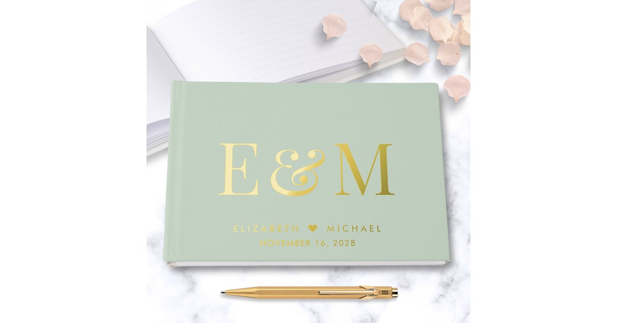 Elegant Monogram Gold Foil Sage Green Wedding Guest Book | Zazzle