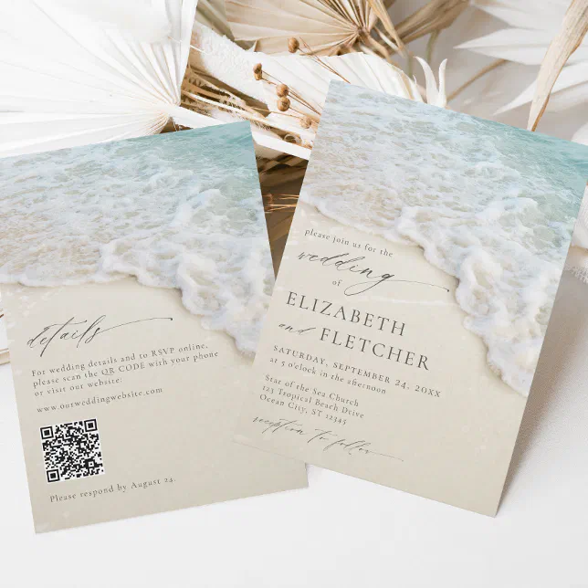 Elegant Ocean Beach QR Code All in One Wedding Invitation | Zazzle