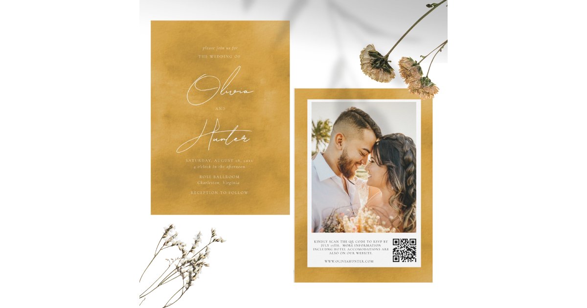 Elegant QR Code Mustard Yellow Wedding Invitation | Zazzle