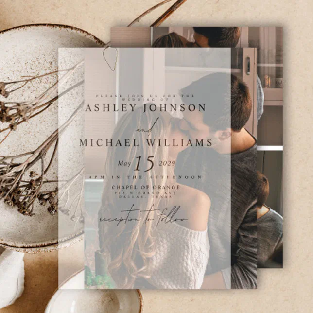 Elegant Real Vellum Overlay Modern 4 Photo Wedding Invitation | Zazzle