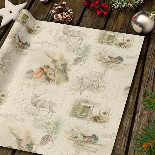 Elegant Rustic Vintage Christmas Woodland Collage Wrapping Paper | Zazzle